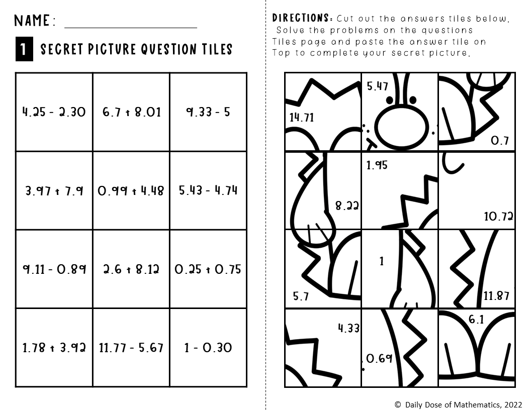FREE Adding and Subtracting Decimals Activities PDF for 5th Grade